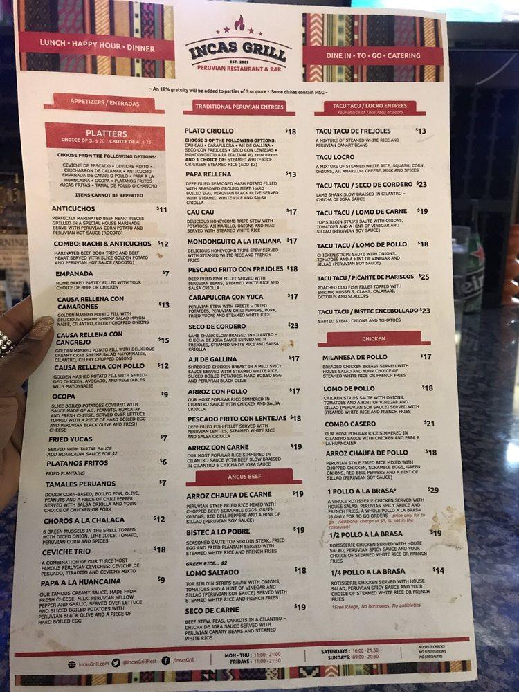 Menu at Incas Grill Peruvian Restaurant & Bar, Concord