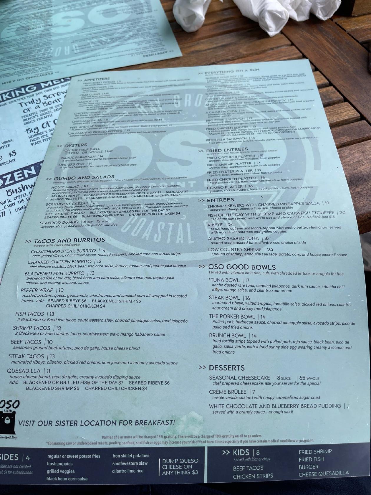 Menu at OSO at Bear Point Harbor - Orange Beach pub & bar, Orange Beach