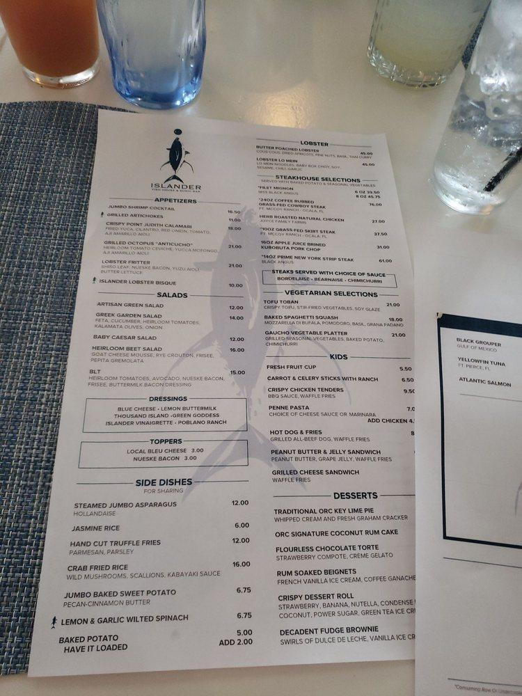 Menu at The Islander at Ocean Reef Club, North Key Largo