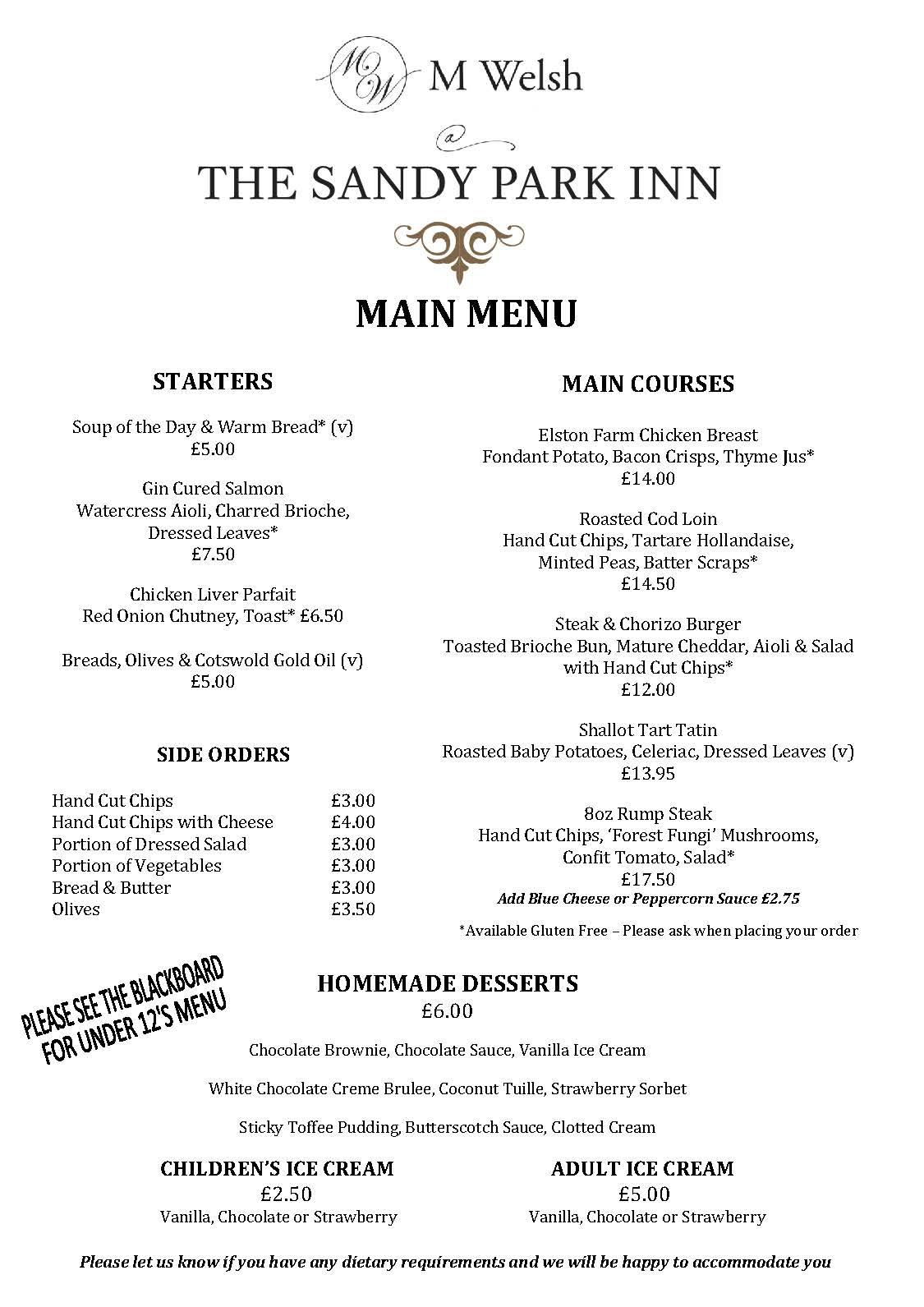 Menu at The Sandy Park Inn pub & bar, Chagford