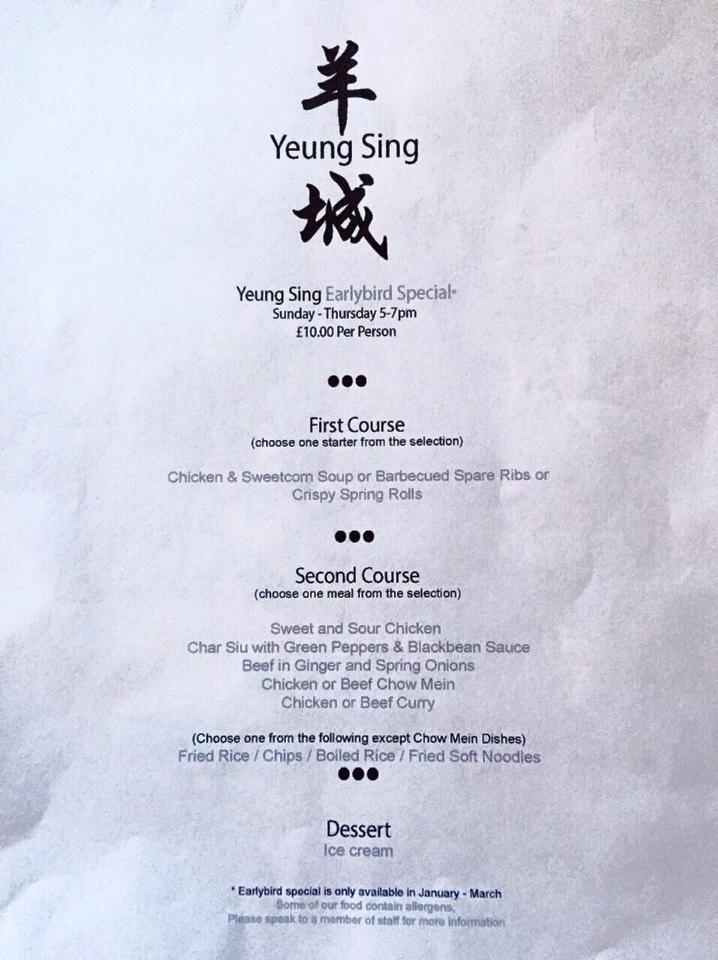 Menu at Yeung Sing Takeaway restaurant, Llandudno