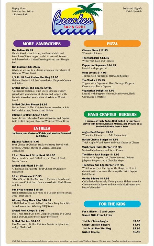 Menu at Beaches Bar And Grill, Miami Beach