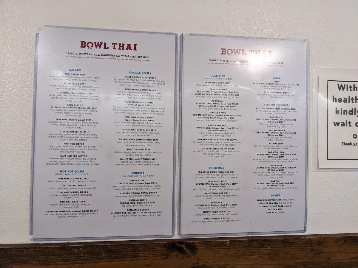Menu at Bowl Thai restaurant, Gardena