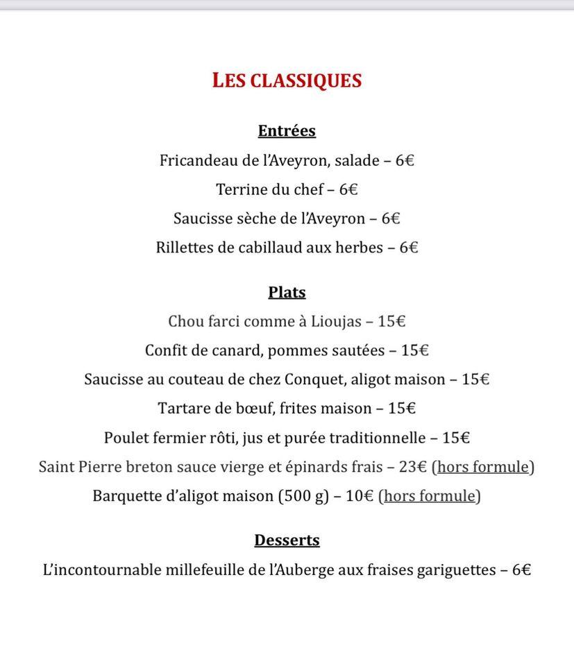 Menu at L’Auberge Aveyronnaise restaurant, Paris