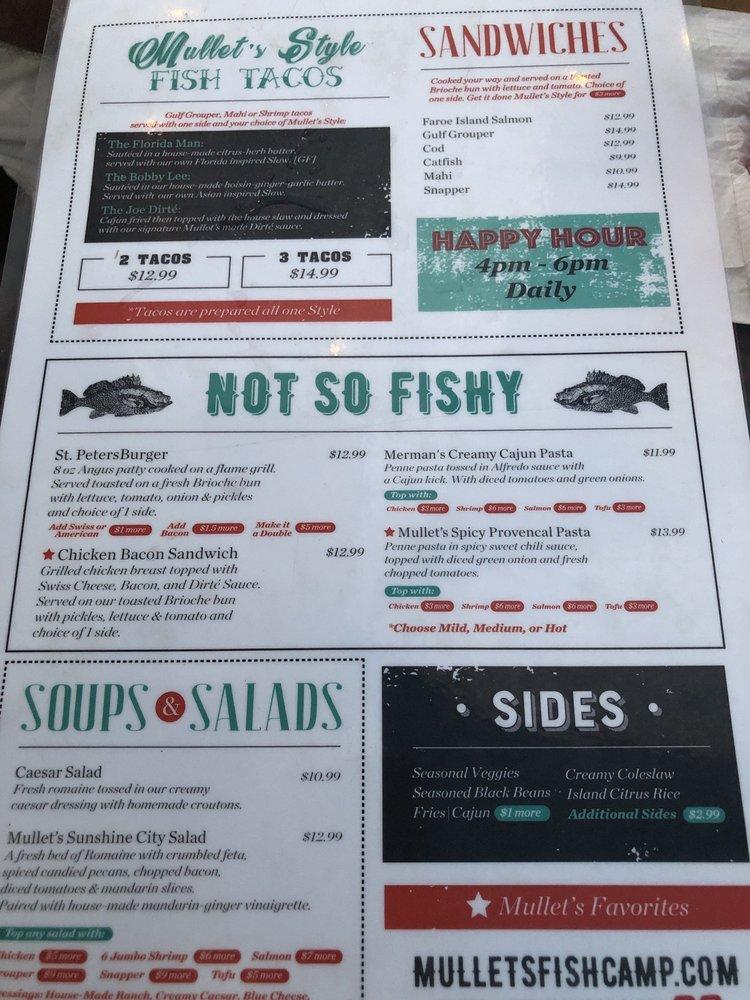 Menu at Mullet's Fish Camp restaurant, Saint Petersburg