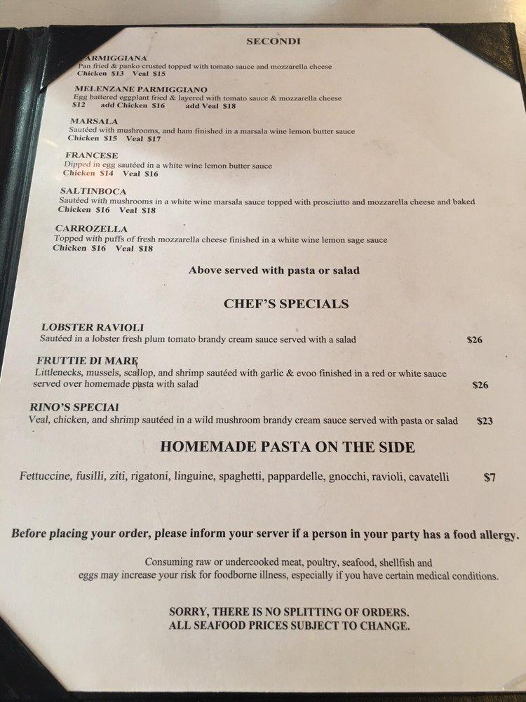 Menu at Rino's Place restaurant, Boston