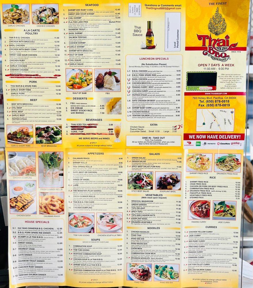 Menu at Thai Original BBQ, Pacifica, 793 Hickey Blvd