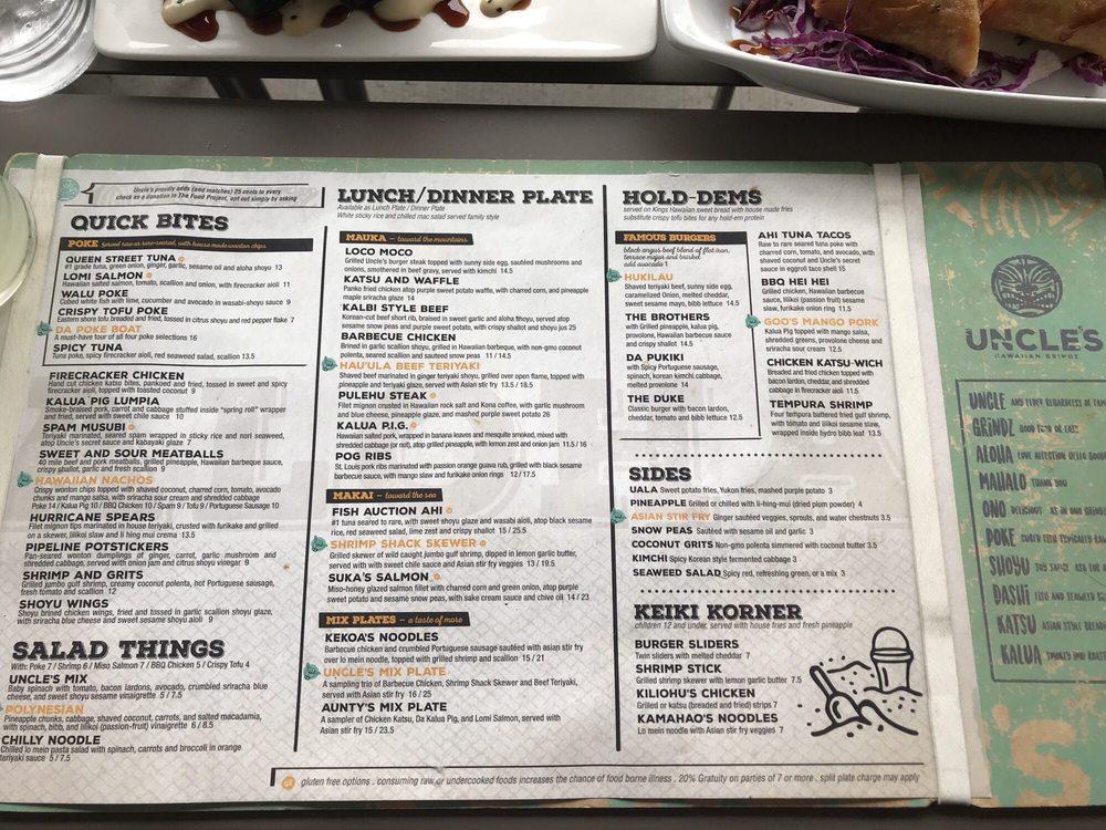 Menu at Uncle's Hawaiian Grindz pub & bar, Fallston