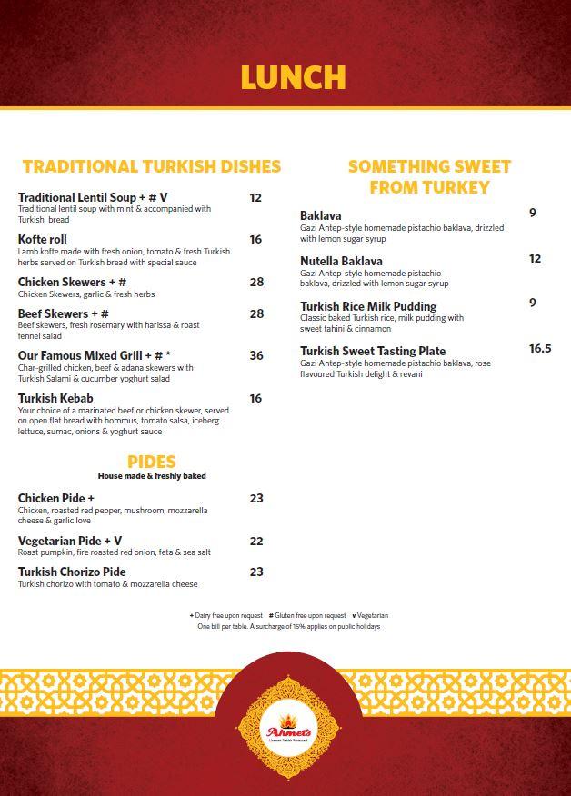 Menu at Ahmet's Turkish Restaurant, South Brisbane