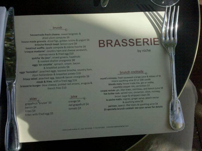Menu at Brasserie by Niche restaurant, St. Louis
