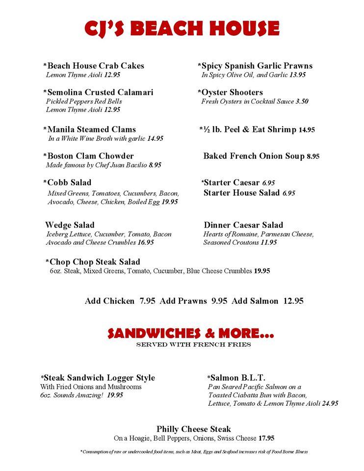 Menu at CJ's Beach House restaurant, Birch Bay