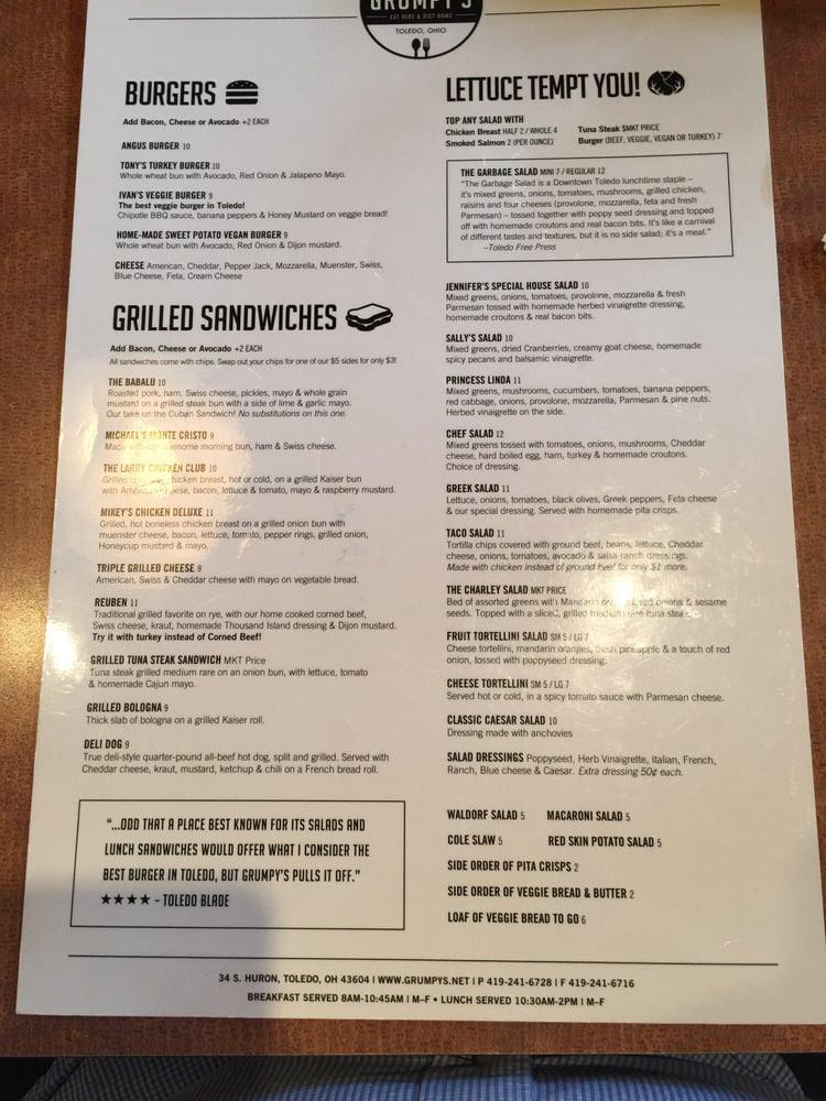 Menu at Grumpy's Toledo restaurant, Toledo