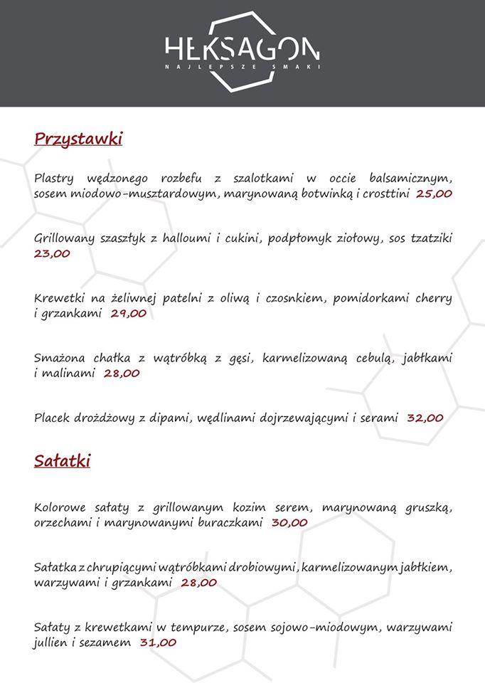 Menu at Heksagon restaurant, Łódź