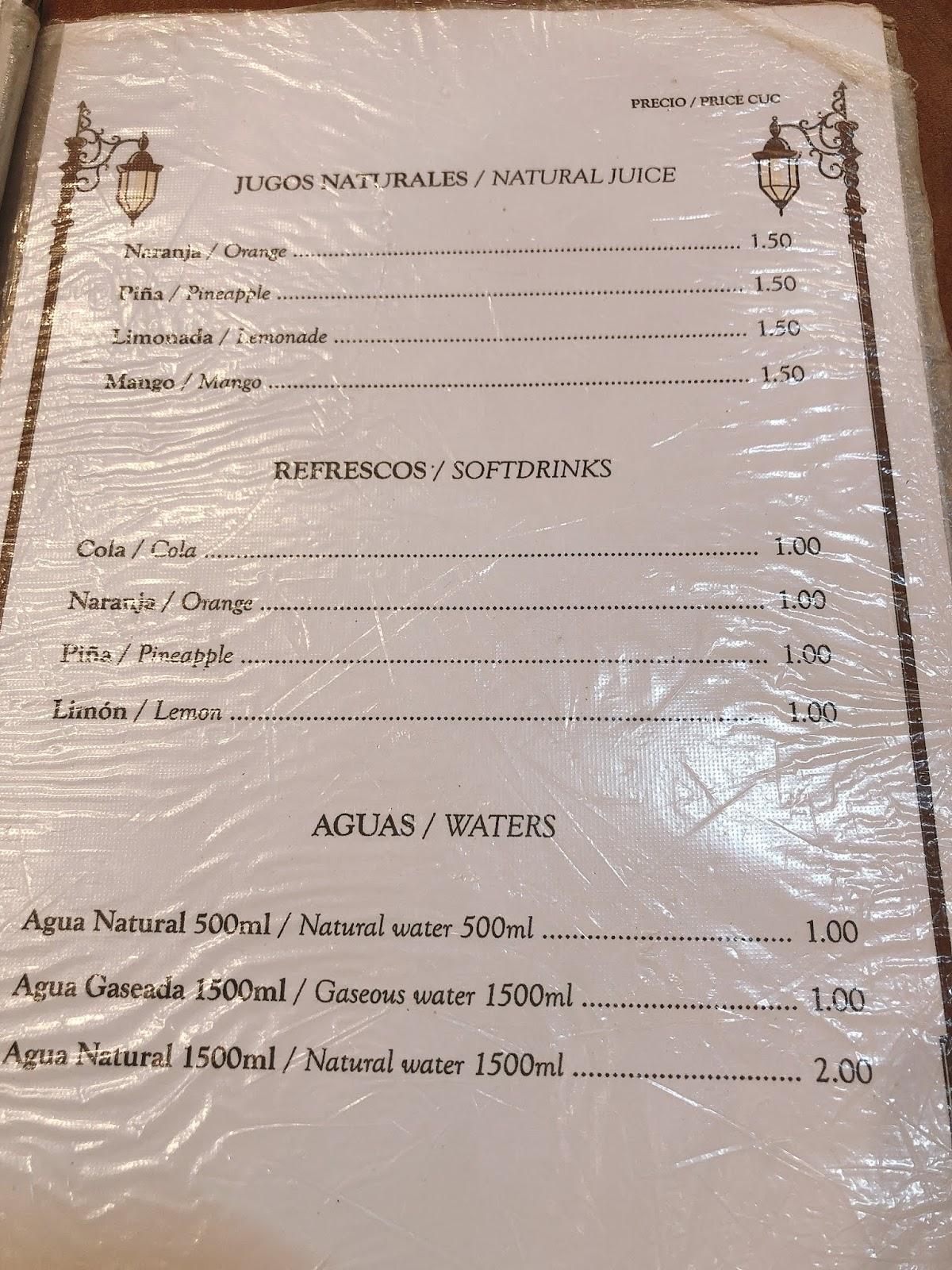 Menu at La Colonial restaurant, Vinales