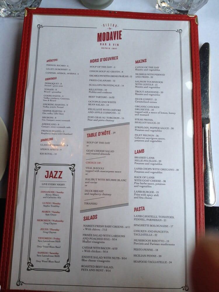 Menu au Modavie restaurant, Montréal, Rue Sainte-Catherine E