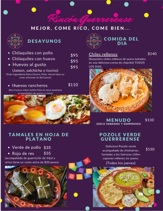 Menu at Rincón Guerrerense restaurant, Mexicali