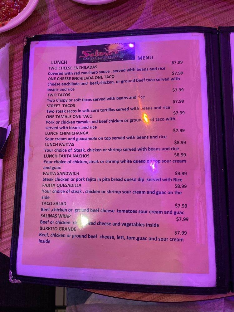 Menu at Salina's Mexican Restaurant, Chesterfield, 20 Clarkson Wilson ...