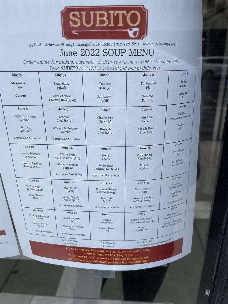 Menu at Subito restaurant, Indianapolis