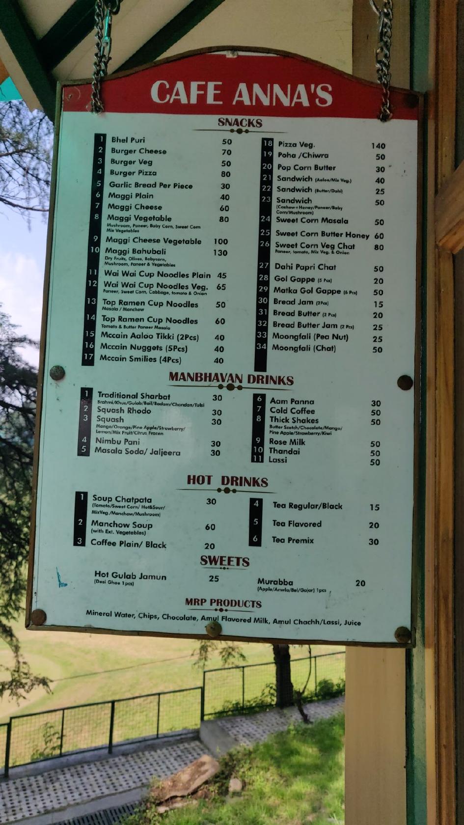 Menu at Anna's Cafe, Shimla