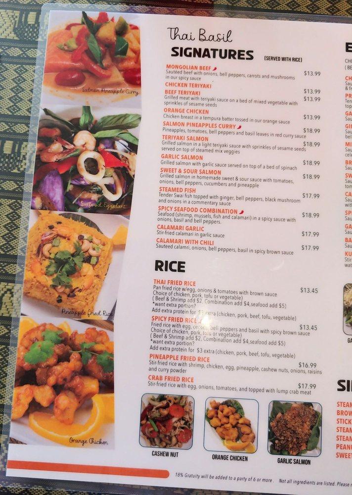 Menu at Bull Thai AZ restaurant, Bullhead City