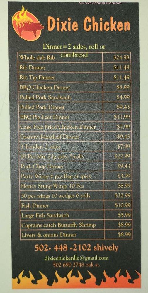 Menu at Dixie Chicken LLC restaurant, Louisville, Dixie Hwy