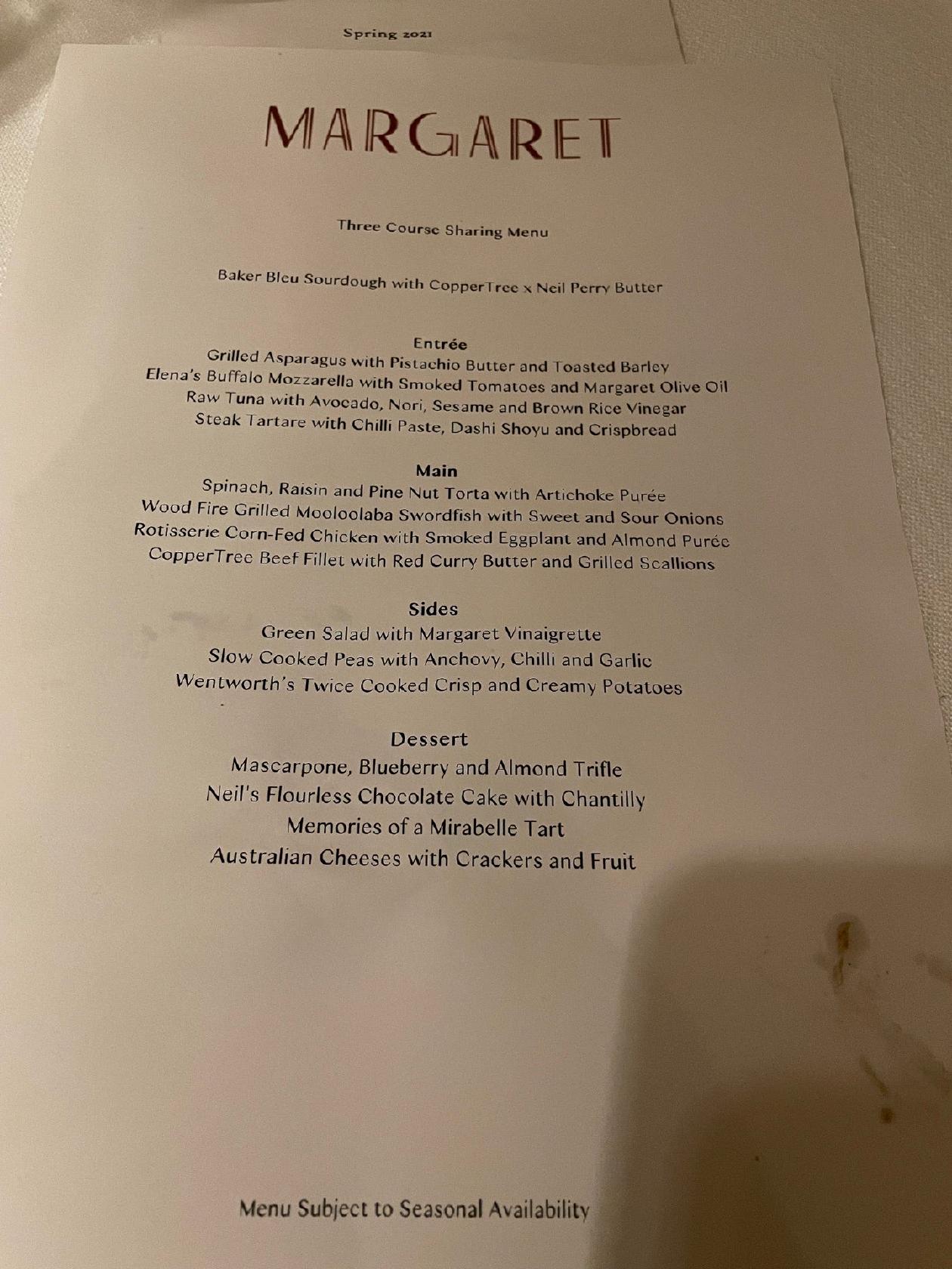 Menu at Margaret restaurant, Double Bay