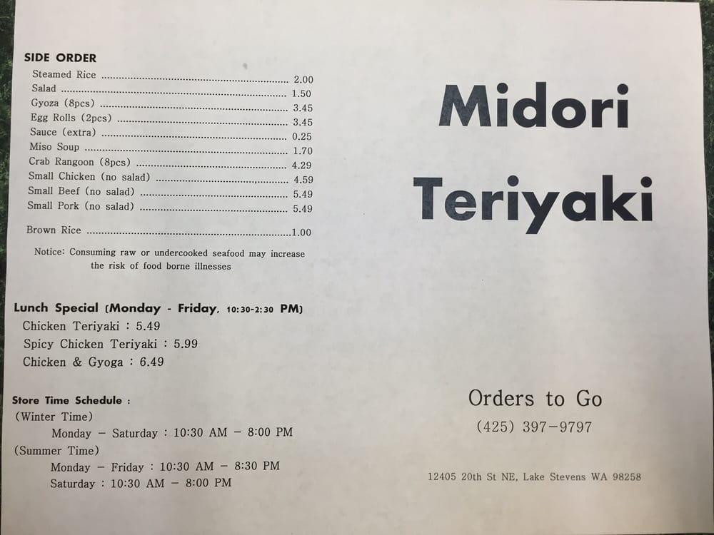 Menu at Midori Teriyaki restaurant, Lake Stevens, 20th St NE