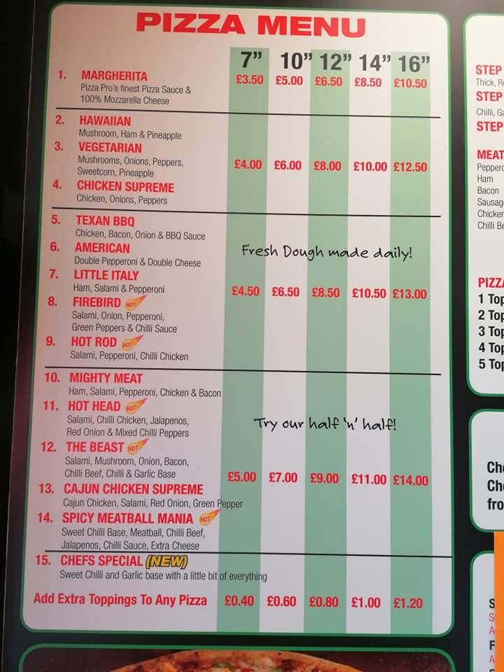 Menu at Pizza Pro oldpark restaurant, Belfast