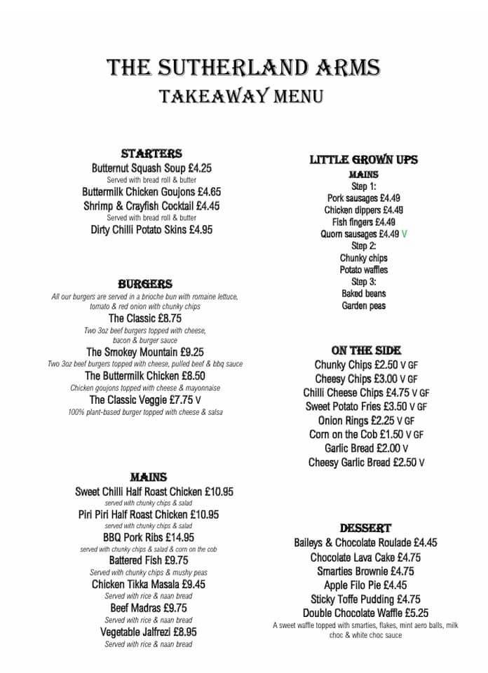 Menu at Sutherland Arms pub & bar, England, Tibberton