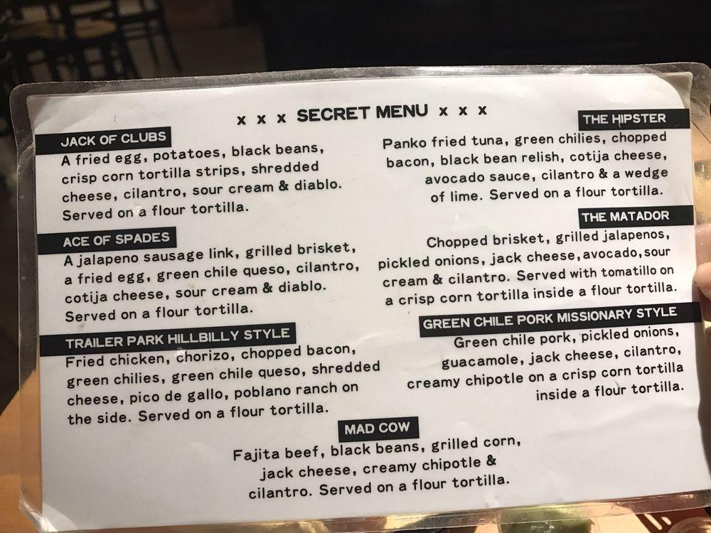 Menu at Torchy's Tacos restaurant, Richardson