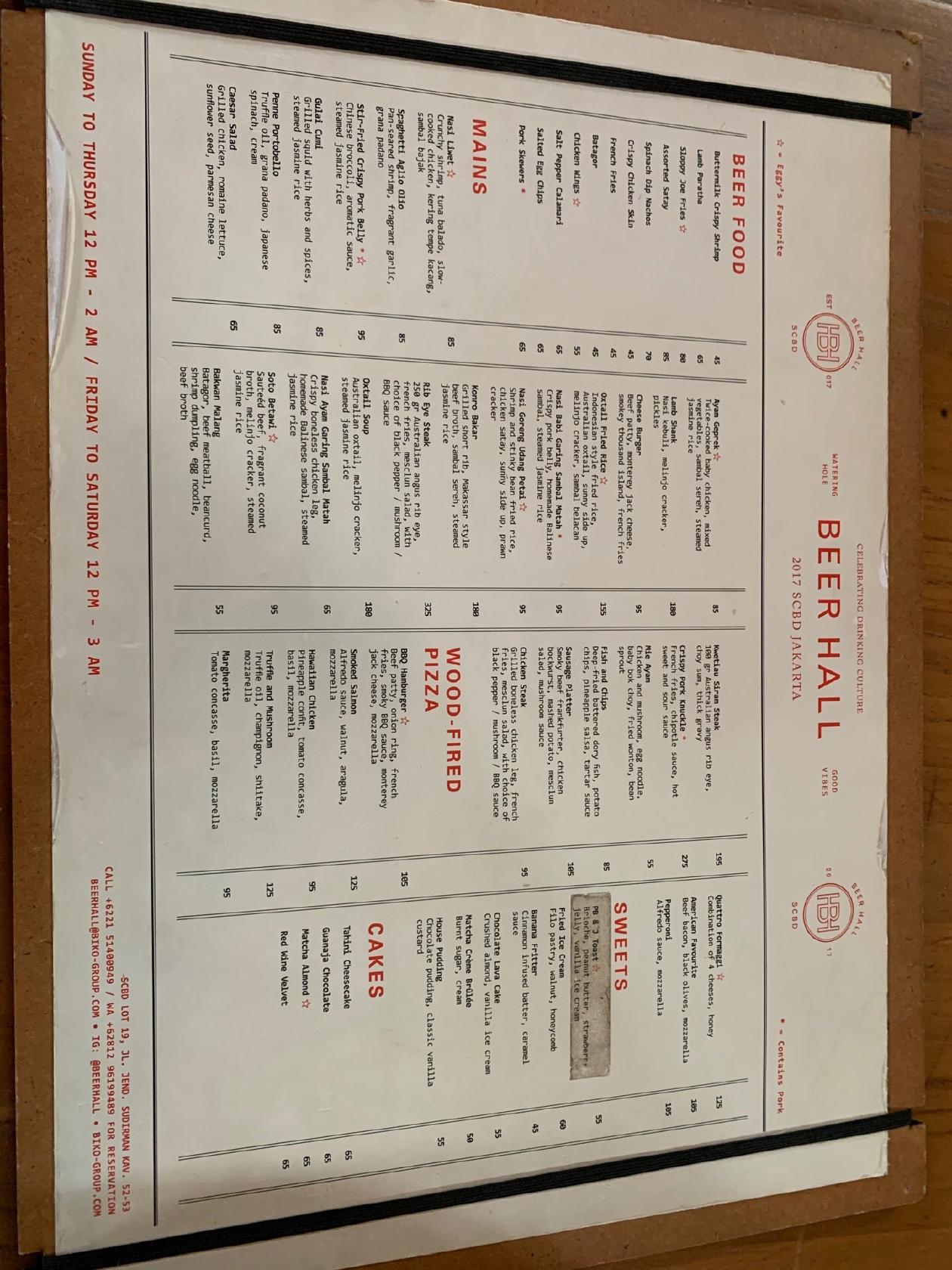 Menu at Beer Hall pub & bar, Jakarta