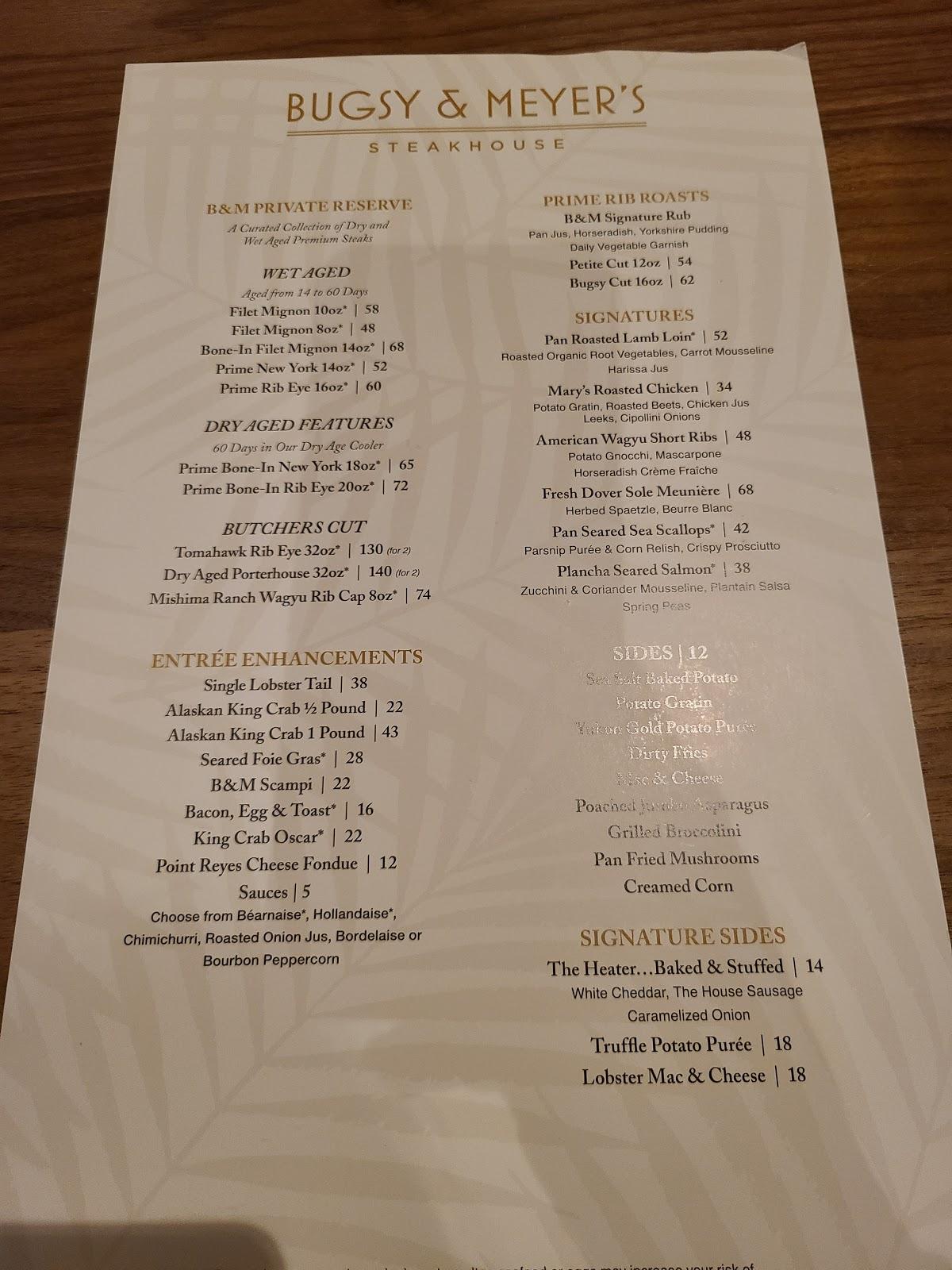 Menu at Bugsy & Meyer's Steakhouse, Las Vegas