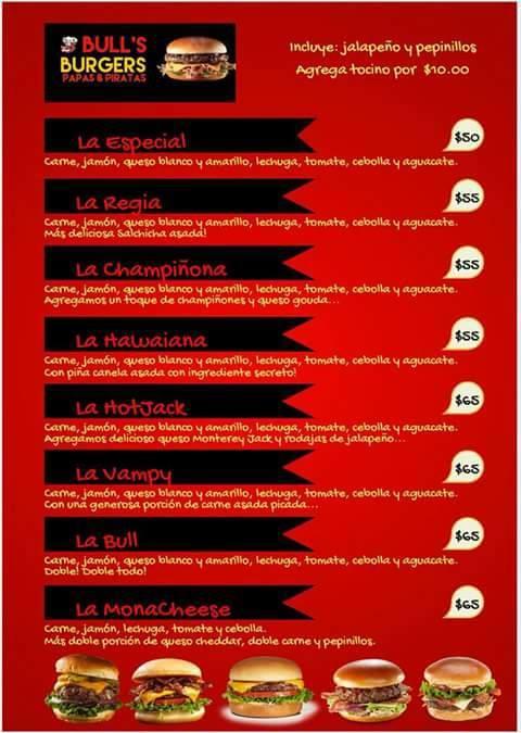 Menu at Bull's Burgers restaurant, Monterrey