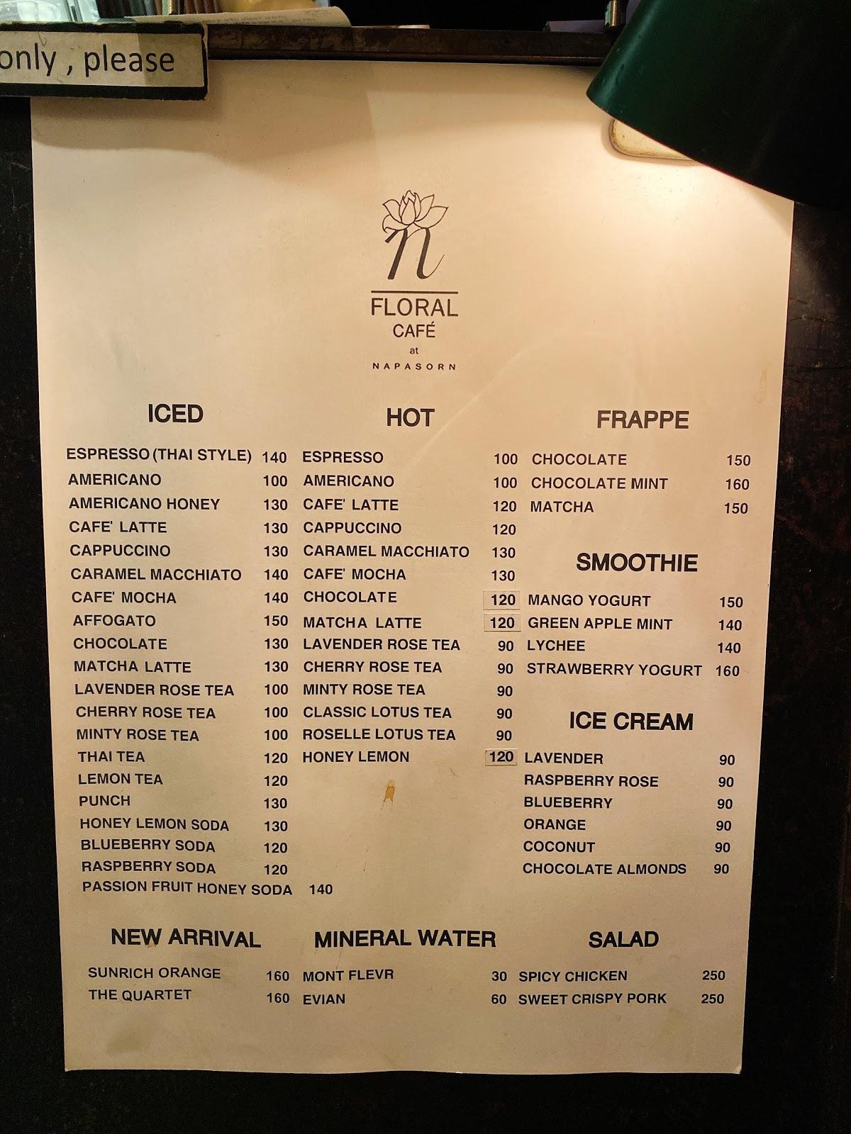 Menu at Floral Café at Napasorn cafe, Bangkok