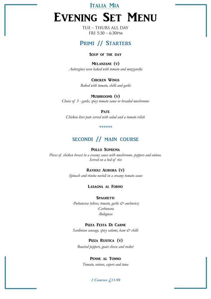 Menu at Italia Mia restaurant, Manchester