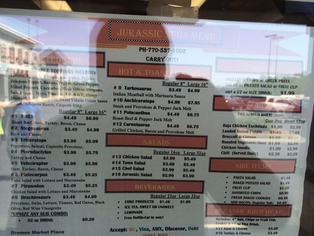 Menu at Jurassic Subs restaurant, Bremen, 209 Davis Blvd