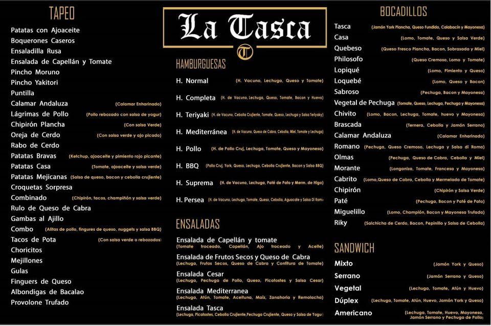 Carta del pub y bar La Tasca, Mogente