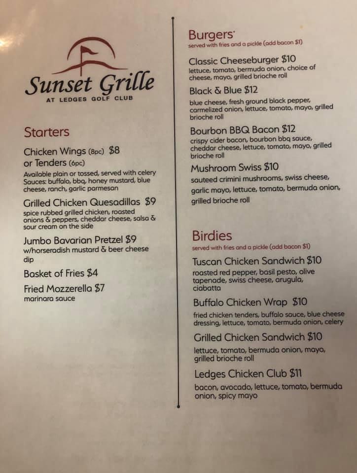 Menu at Sunset Grille restaurant, South Hadley