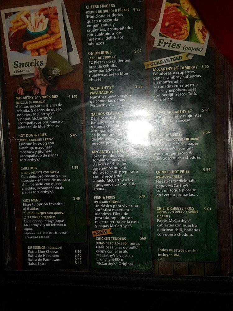 Carta de McCarthy's Irish Pub, Heroica Puebla de Zaragoza, Avenida ...