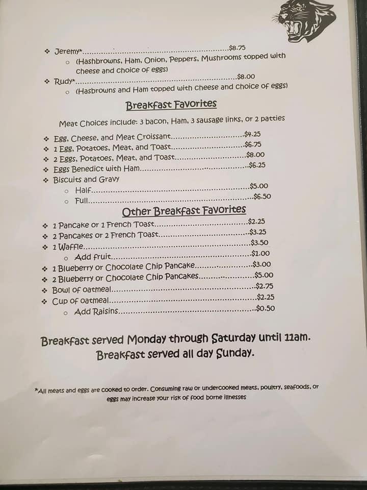 Menu at Panther Cafe, Gilmanton
