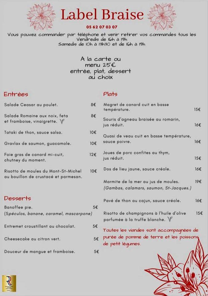 Carta de Restaurant Label Braise, Ségoufielle, 27 Rte de Grenade