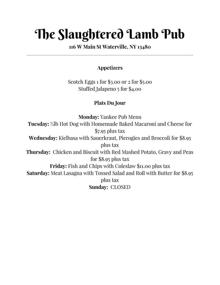 Menu at The Slaughtered Lamb Pub, Waterville