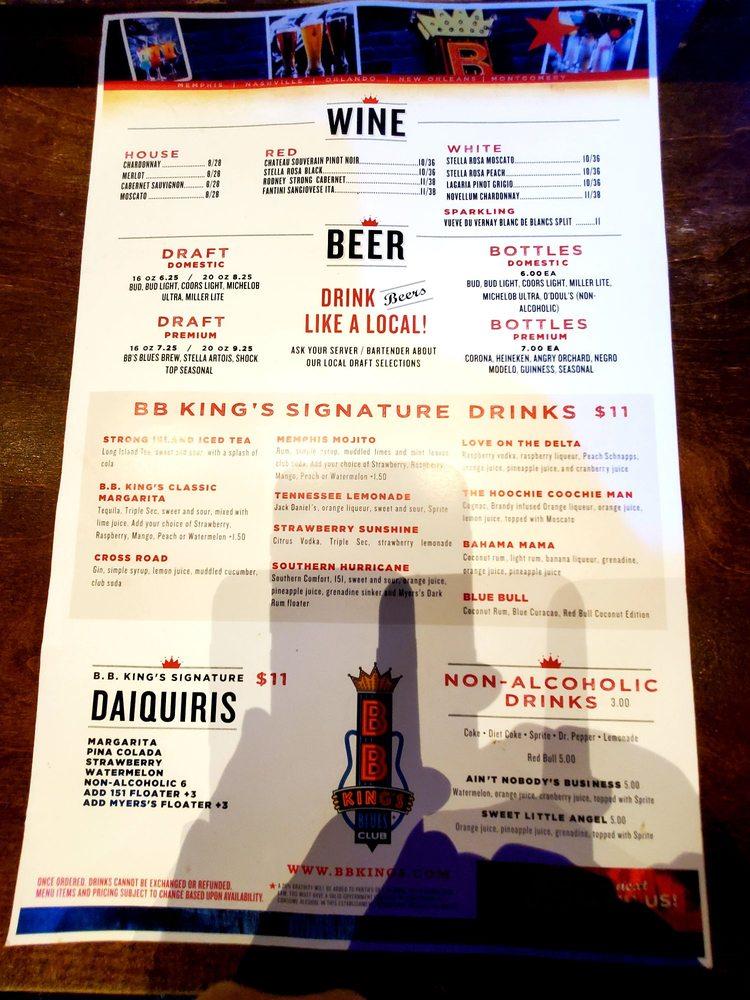 Menu at BB King's Blues Club, Montgomery
