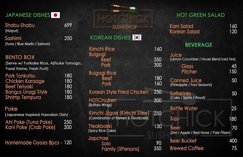 Menu at Hotchick Sushi Shop restaurant, Laoag City, General Antonio Luna