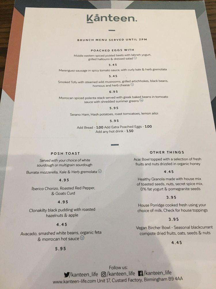 Menu at Kanteen restaurant, Birmingham, Kanteen Digbeth