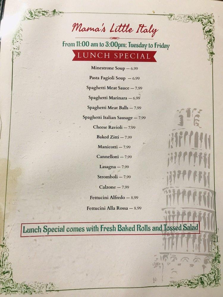 Menu at Mama's Little Italy restaurant, Hot Springs