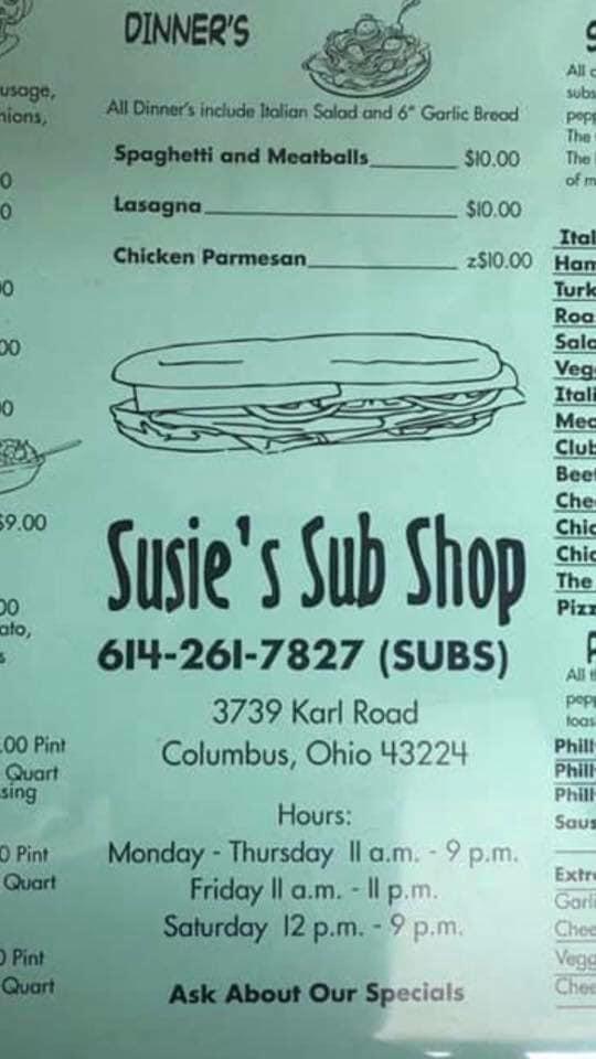Menu at Susie's Sub Shop pizzeria, Columbus, Karl Rd