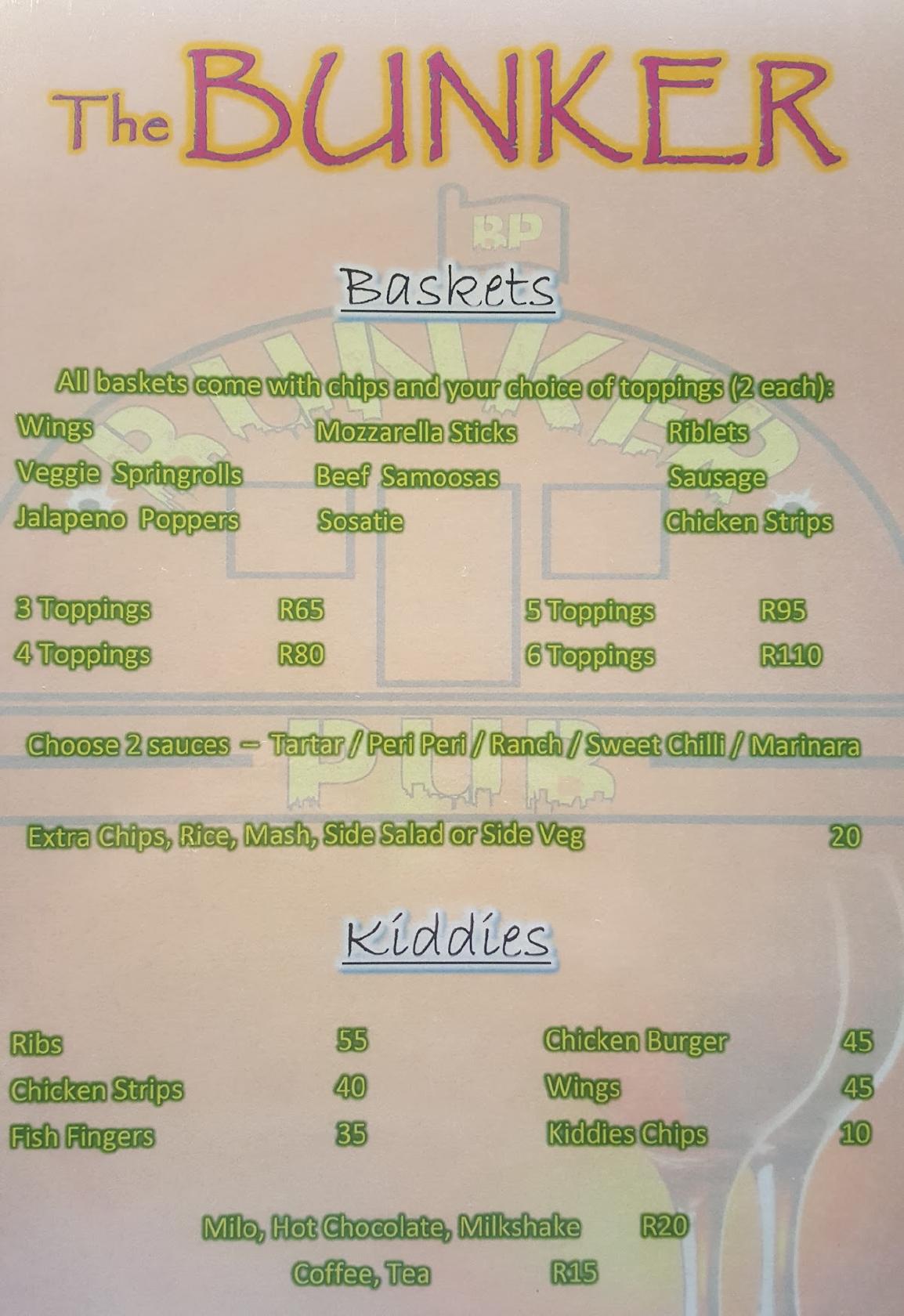 Menu at The Bunker restaurant, Benoni