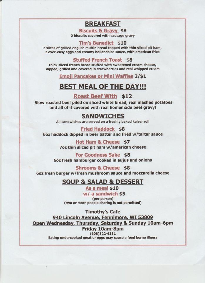 Menu at Timothy's Cafe, Fennimore