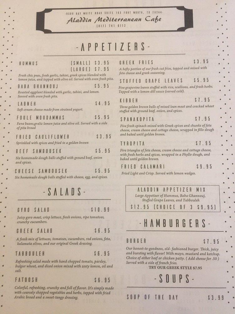 Menu at Aladdin Mediterranean Café restaurant, Fort Worth